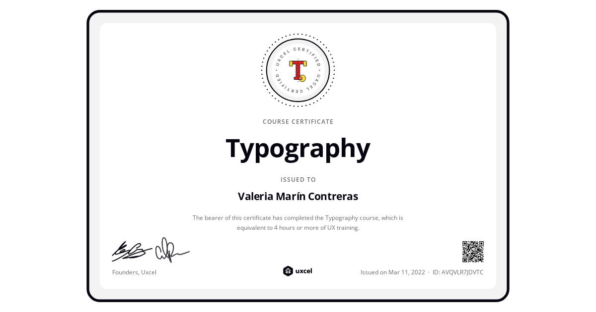 Certificate of completion for Typography | Uxcel